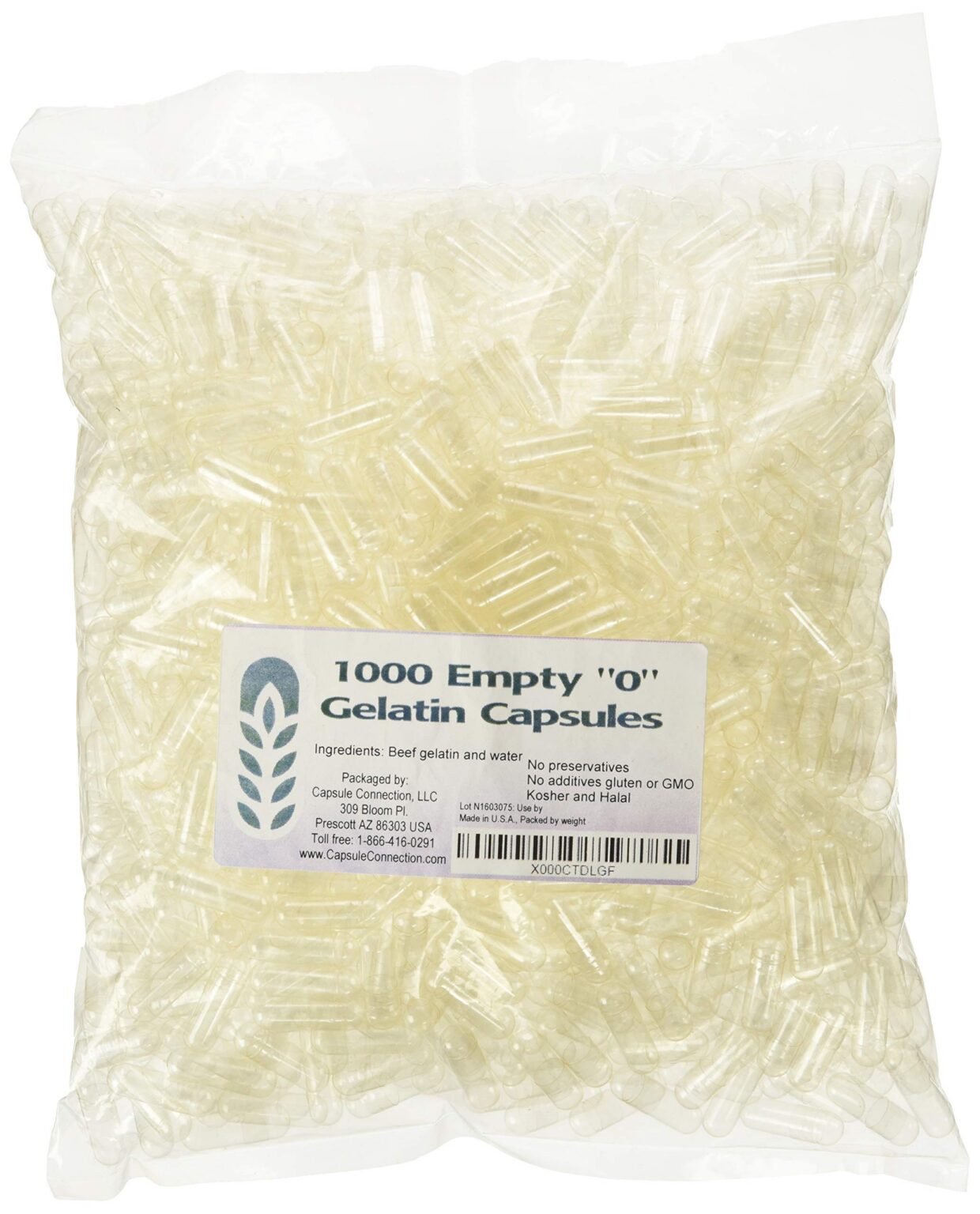 Capsule Connection cápsulas gelatina tamaño 0 hechas en USA 1000 unidades