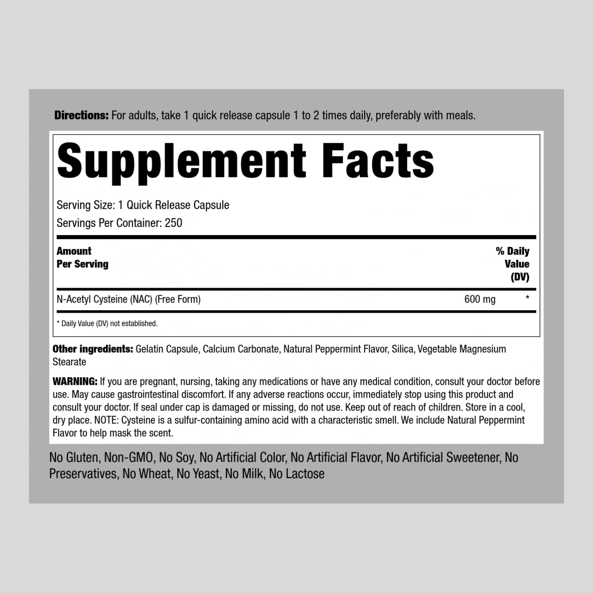 N-Acetil Cisteína 600mg 250 cápsulas | Piping Rock suplemento saludable