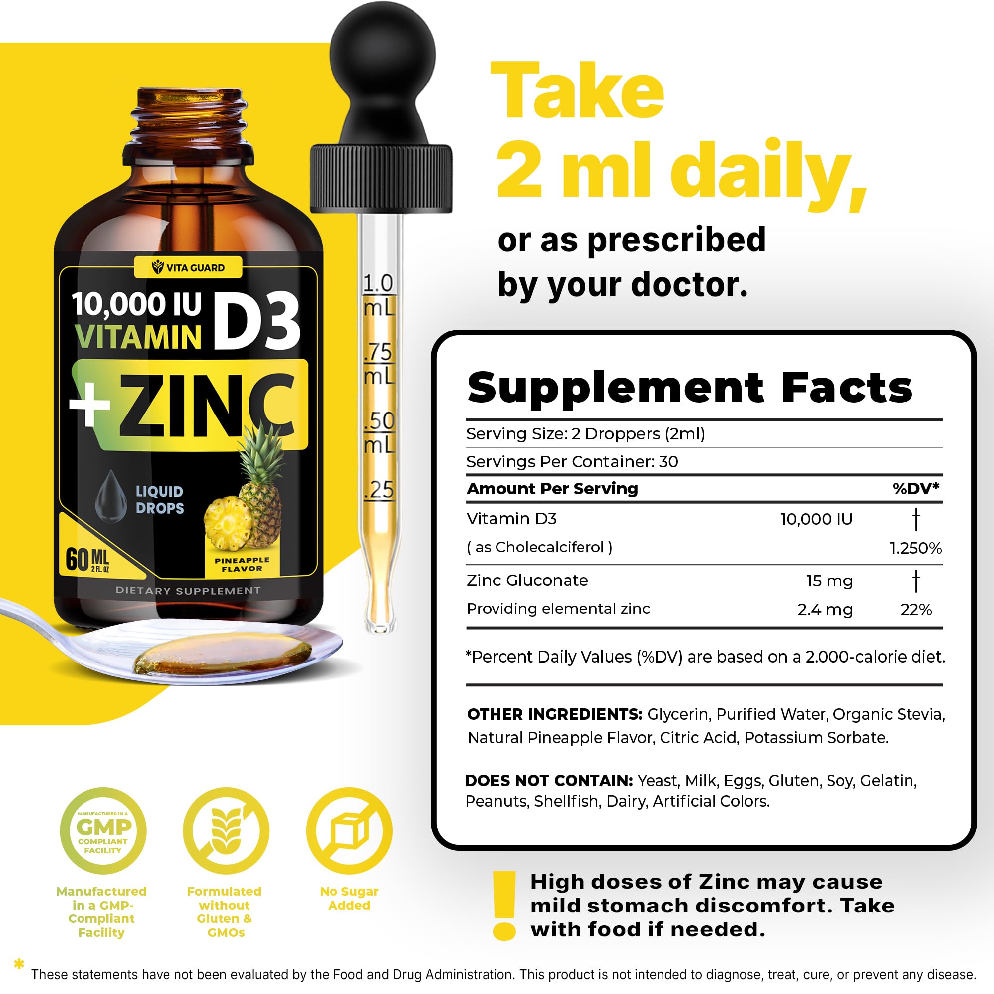Vita Guard Vitamina D3 10,000 UI y Zinc 15 mg | Gotas líquidas 30 días
