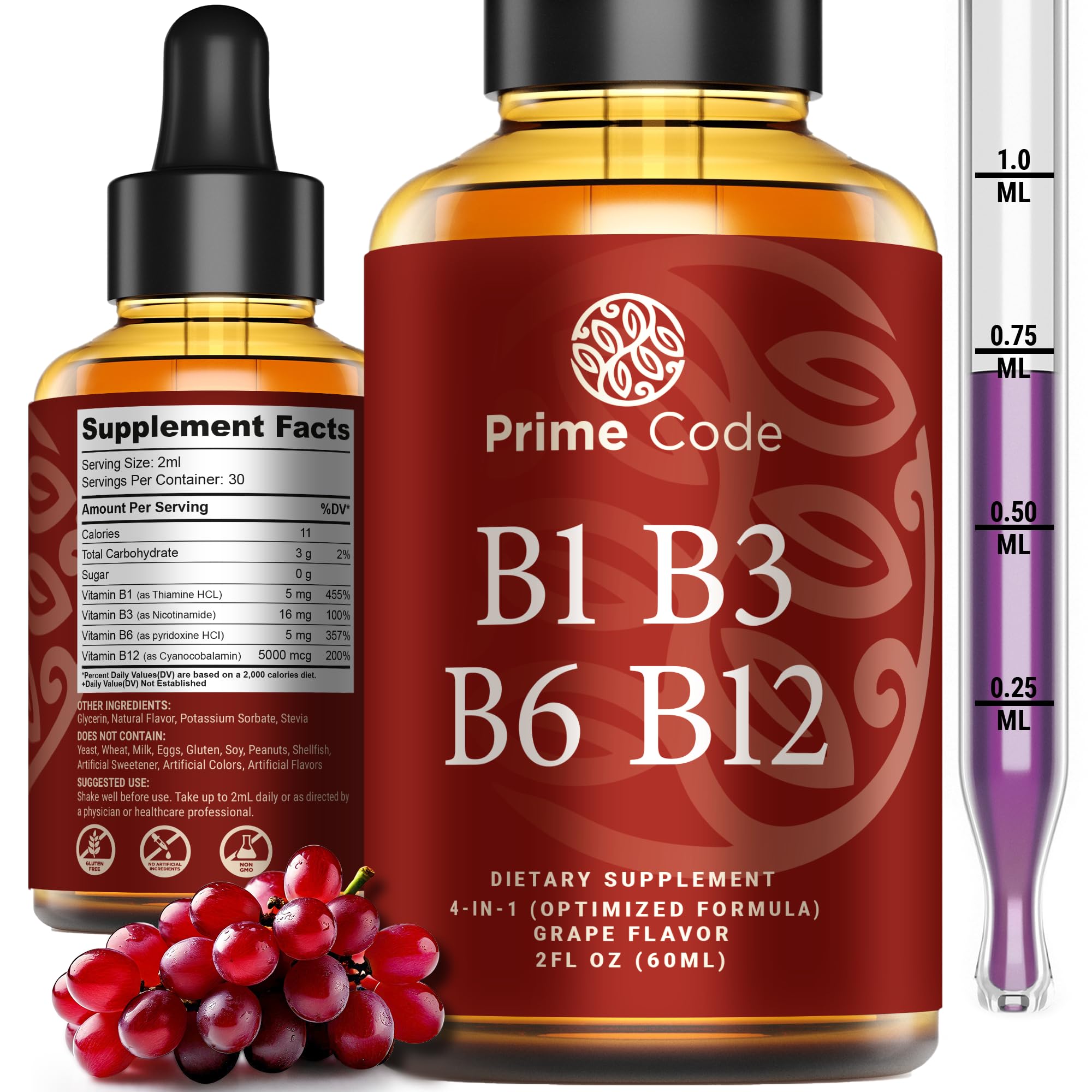 Gotas Líquidas Vitamina B1 B3 B6 B12 | Prime Code Suplemento Líquido B