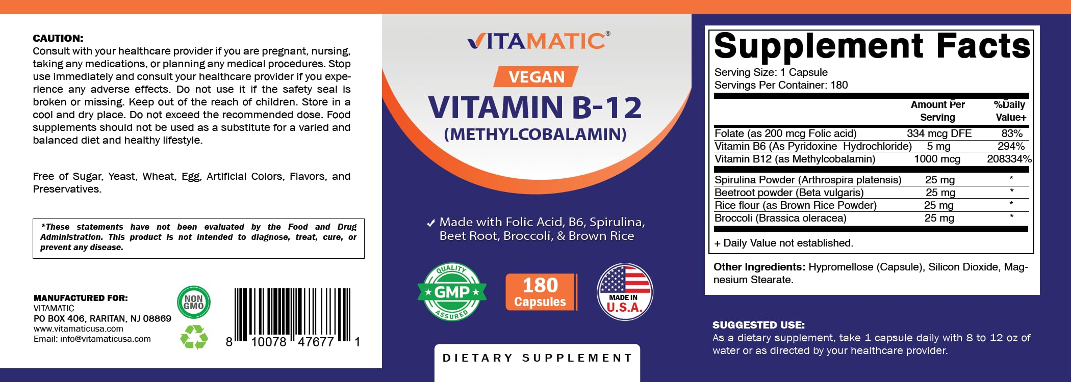 Vitamatic B12 Vegano 1000 mcg Cápsulas 180 Metilcobalamina